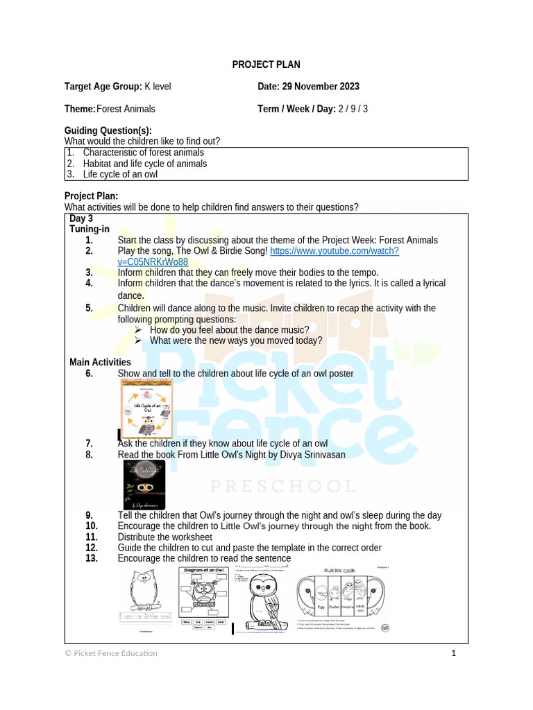 Activity Plan - K Level - Forest Animals - W9D3 | PDF