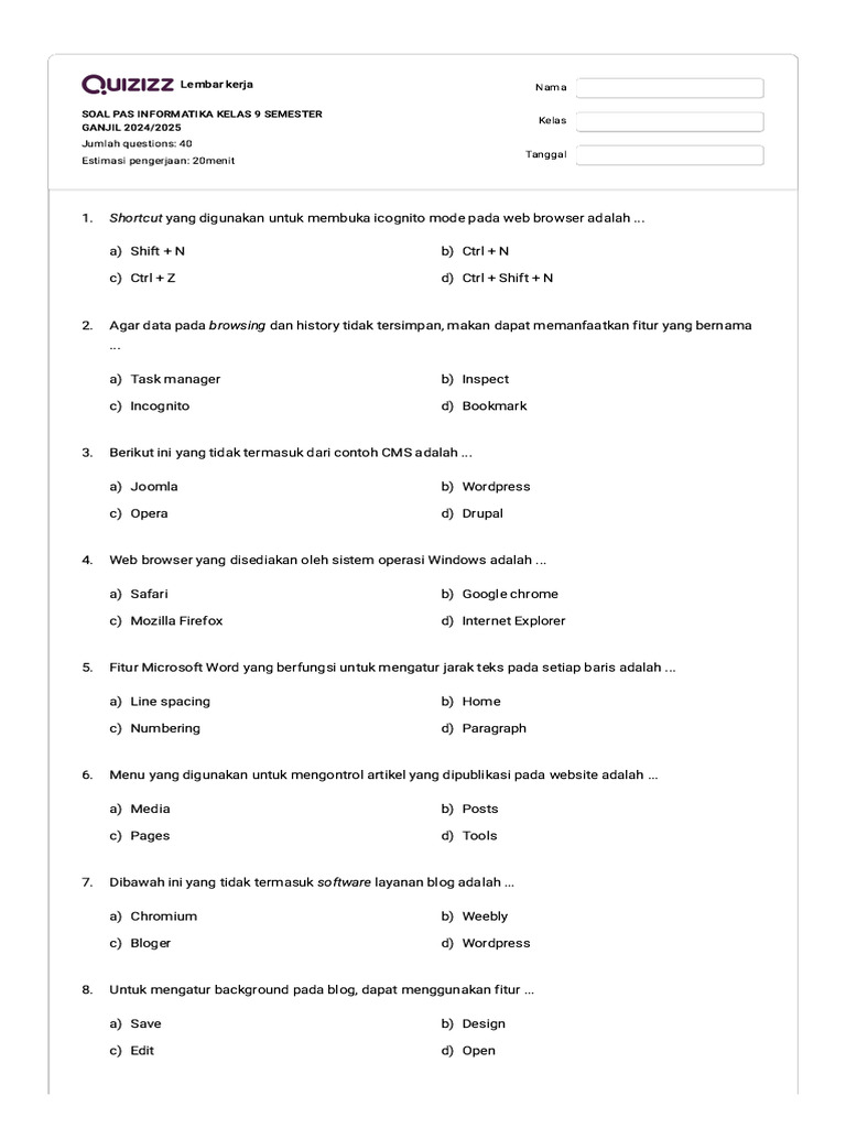 Soal Pas Informatika Kelas 9 Semester Ganjil 2024 - 2025 | PDF