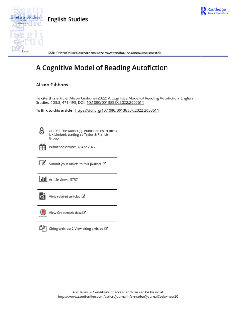 A Cognitive Model of Reading Autofiction | PDF | Narrative | Cognition