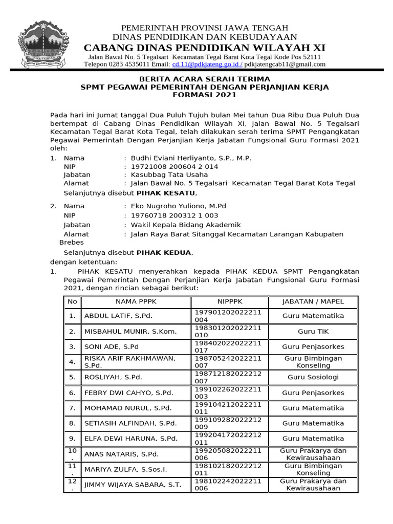 Berita Acara Penyerahan SPMT PPPK Guru Formasi 2021 | PDF