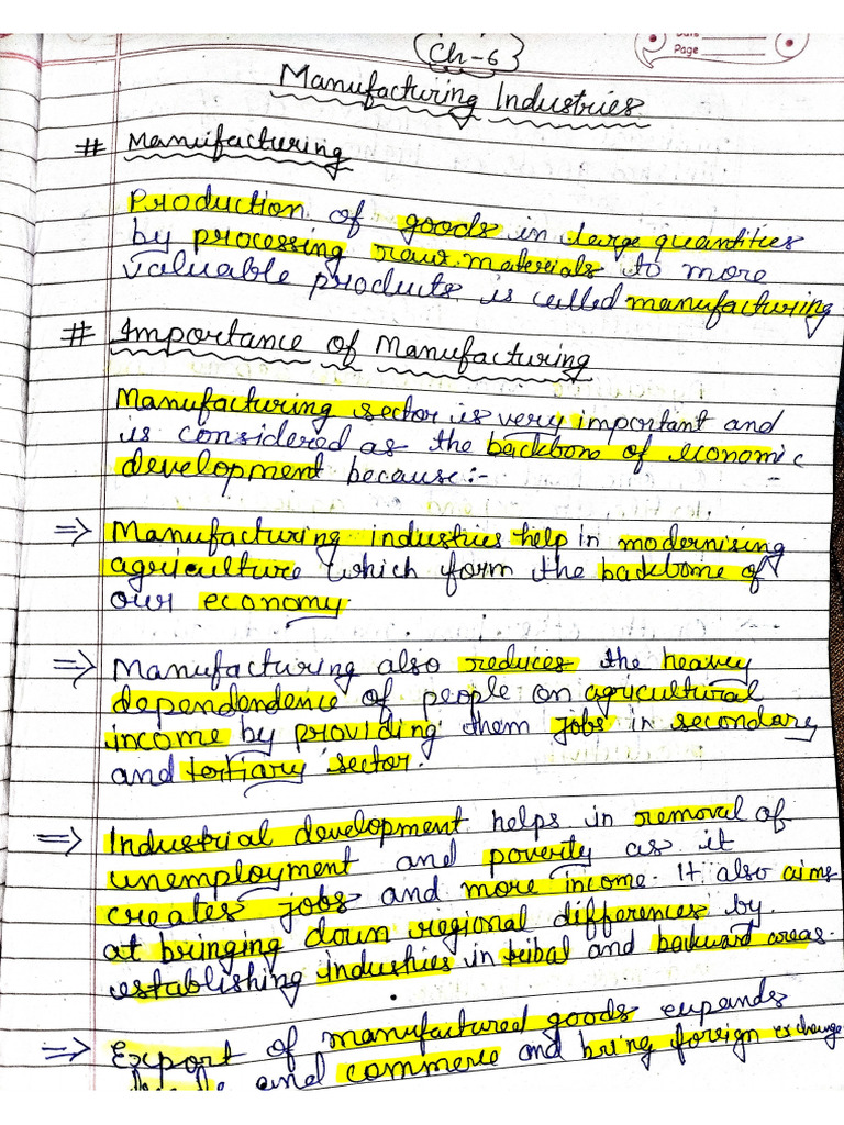 Manufacturing Industries Class 10 Ncert Notes Handwritten | PDF