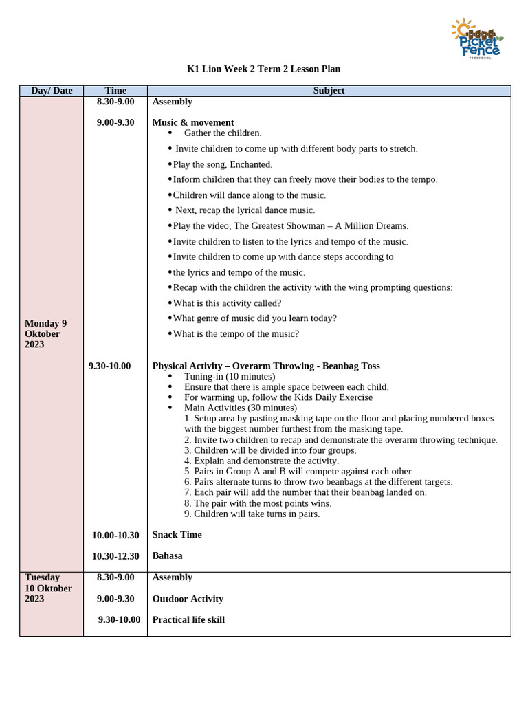 K2 Lion Lasson Plan Week 2 Term 2 | PDF