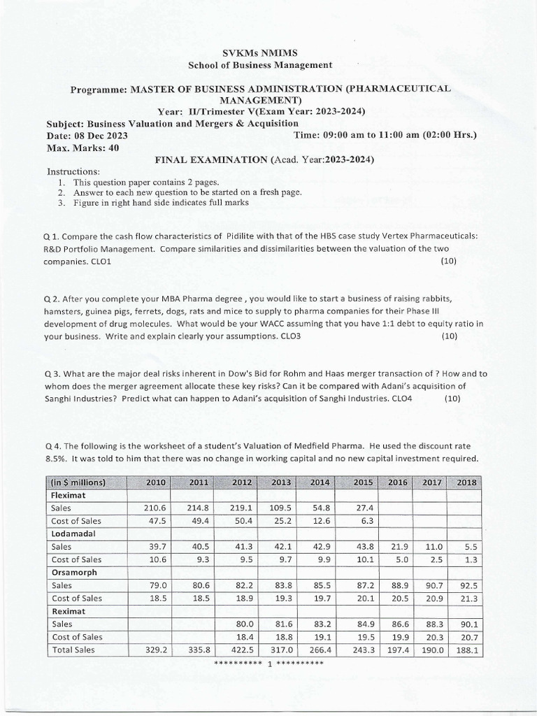 Business Valuation Last Year QP | PDF