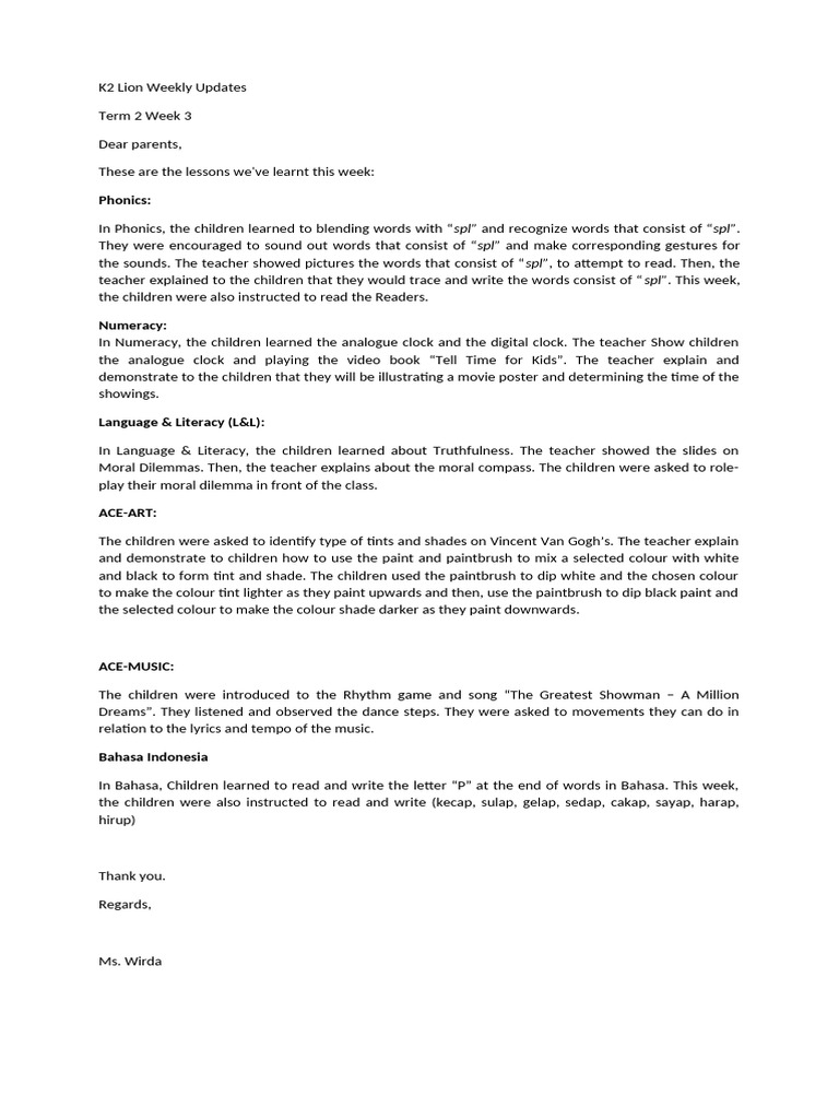K2 Lion Weekly Updates Term 2 Week 3 | PDF