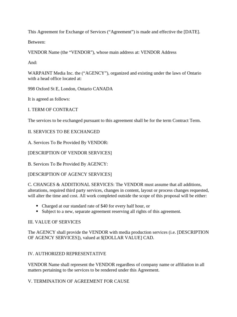 Agreement For Exchange of Services | PDF | Copyright | Business Law
