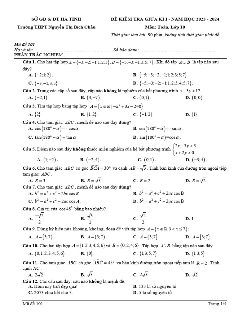 De Thi Giua Hoc Ki 1 Hk1 Lop 10 Mon Toan Nam 2023 2024 Truong THPT Nguyen Thi Bich Chau Ha Tinh ...