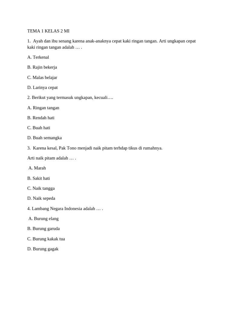 Soal Tema 1 Kelas 2 Smt1 | PDF