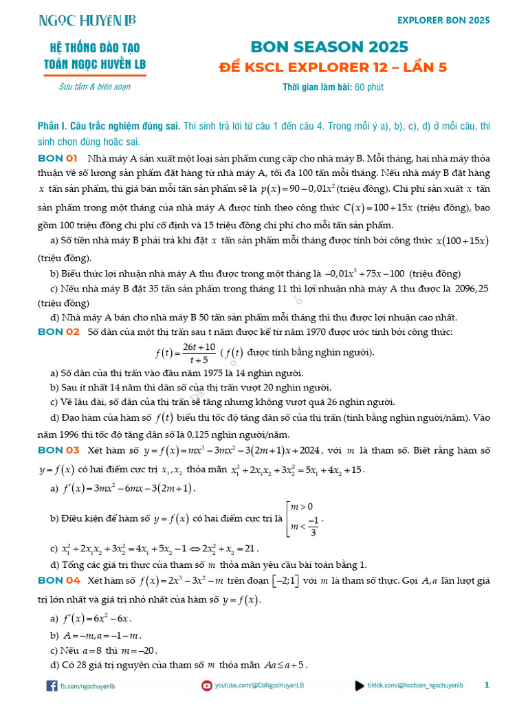 (Ngọc Huyền LB) Đề KSCL EXPLORER 12 BON 2025 - Lần 5 | PDF