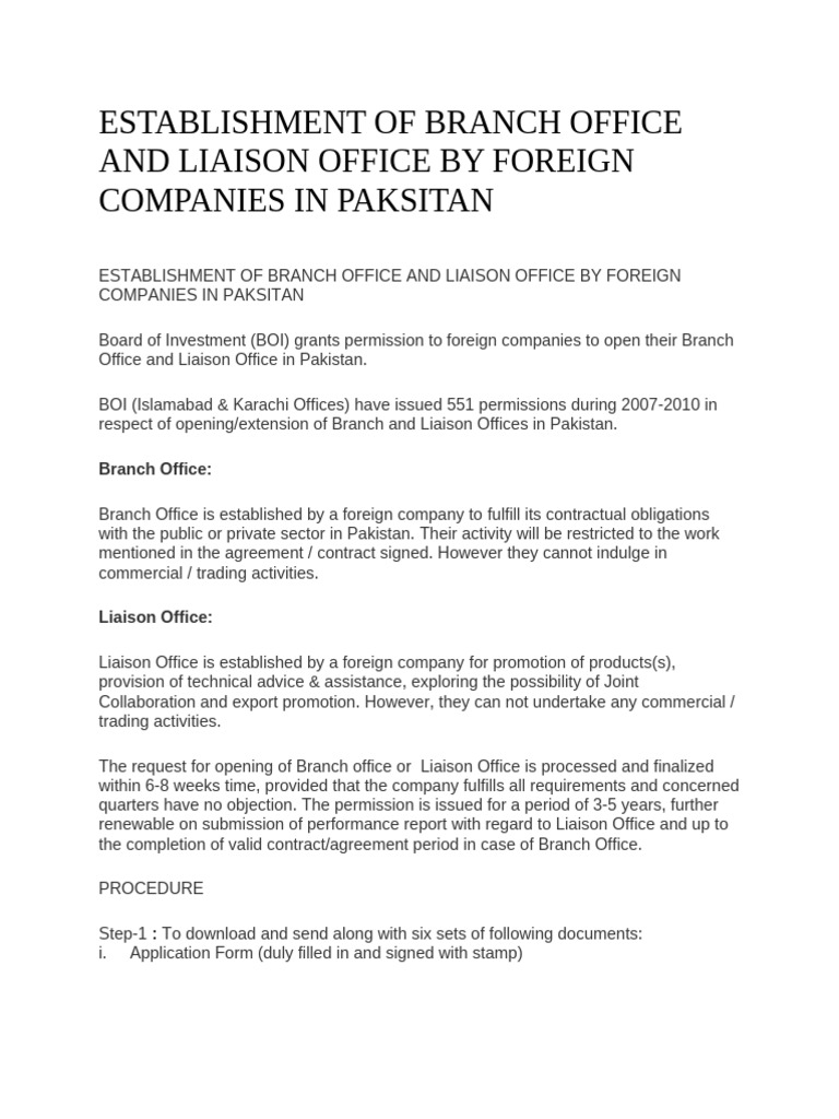 Establishment of Branch Office and Liaison Office by Foreign Companies ...