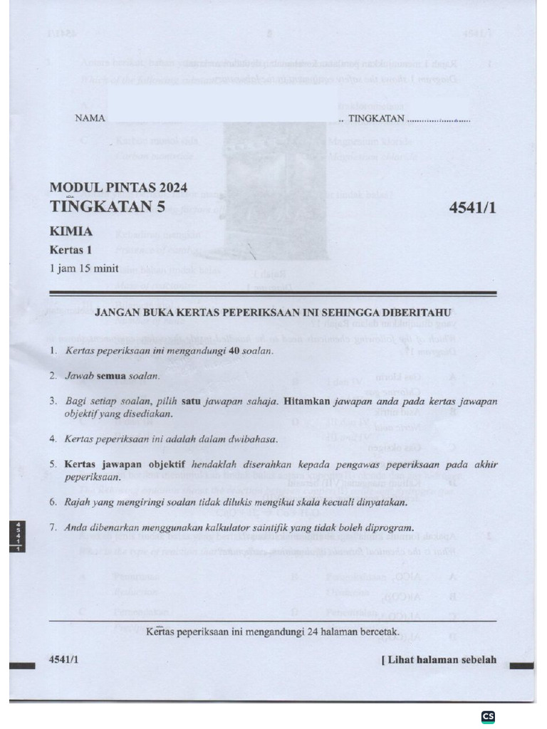 Trial K1 Kimia SPM 2024 - Selangor SET 1 | PDF