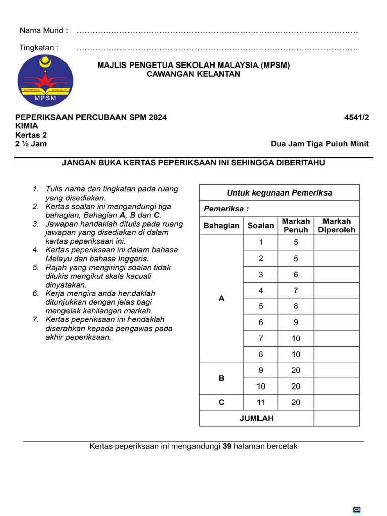 Trial K2 Kimia SPM 2024 - Kelantan | PDF