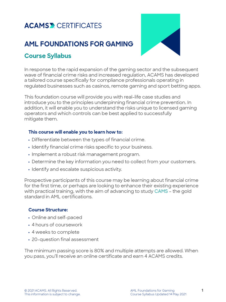 EN ACAMS Certificate Syllabus AML Foundations for Gaming_14MAY2021 ...
