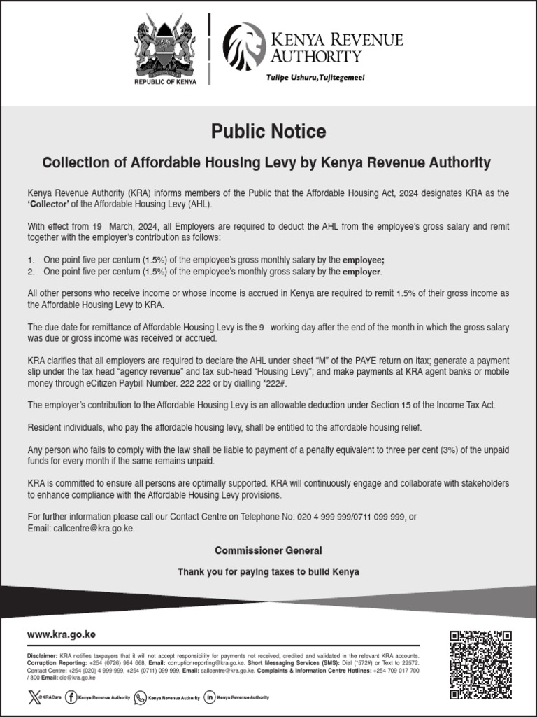 KRA Notice on Affordable Housing Levy 2024 | PDF | Taxes | Public Finance