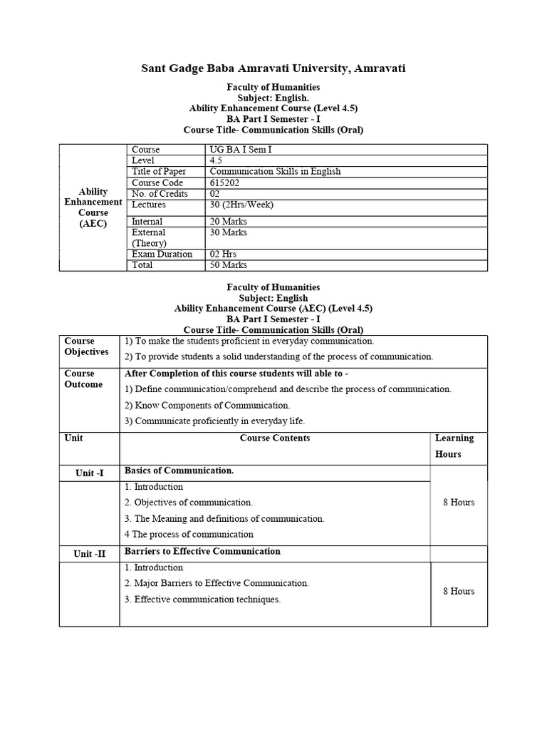 B.A. (English - AEC) - (NEP) - Syllabus - Sem. I | PDF | Communication | Human Communication