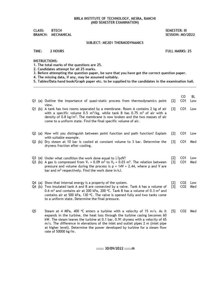 Me201 Thermodynamics (Mid - Mo22) | PDF | Turbine | Quantity