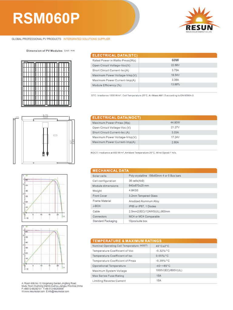 Datasheet Painel Resun 60W | PDF | Solar Panel | Electrical Engineering