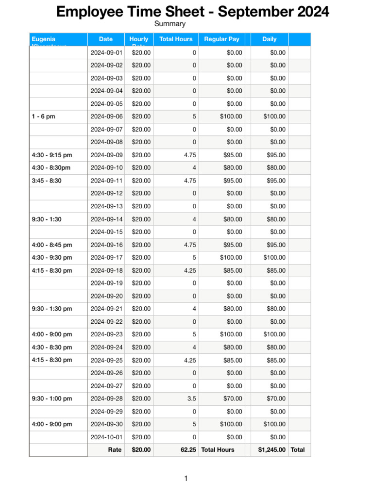Time Sheet Eugenia September 2024 | PDF | Labor Relations | Labor