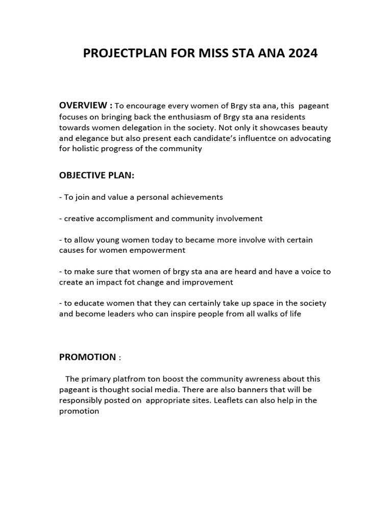 Projectplan For Miss Sta Ana 2024 | PDF
