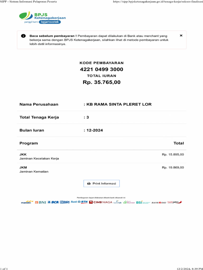 Billing Jamsostek PAUD Rama Sinta Desember 2024 | PDF