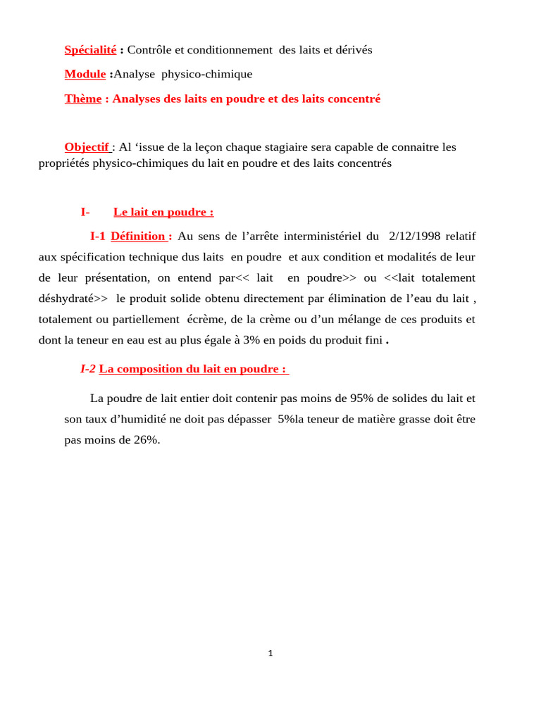 Analyse Des Laits en Poudre Et Concentré | PDF | Lait | Lait en poudre