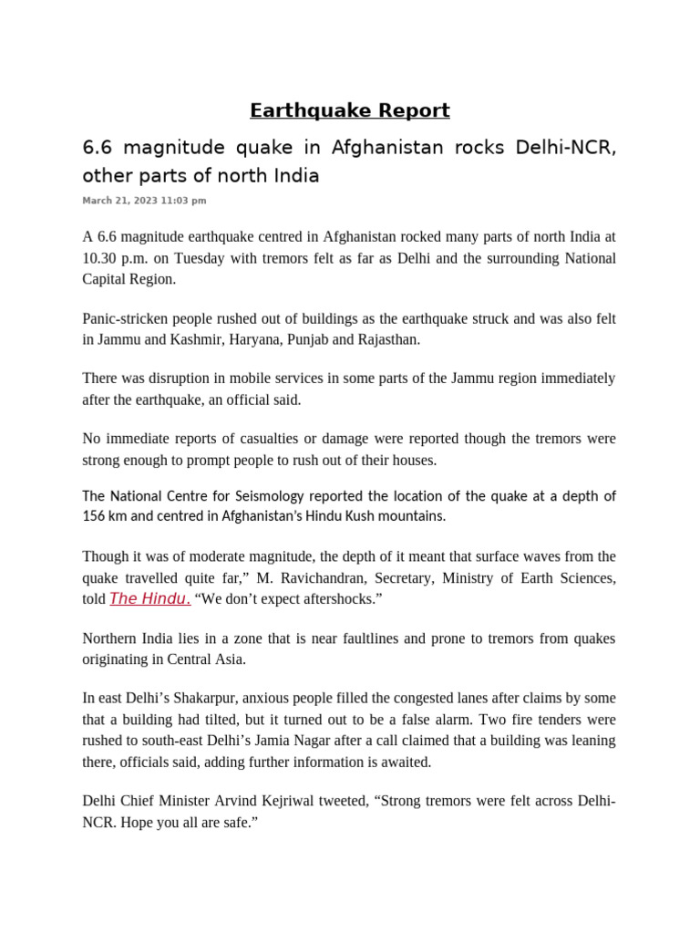 Earthquake Newspaper Report | PDF