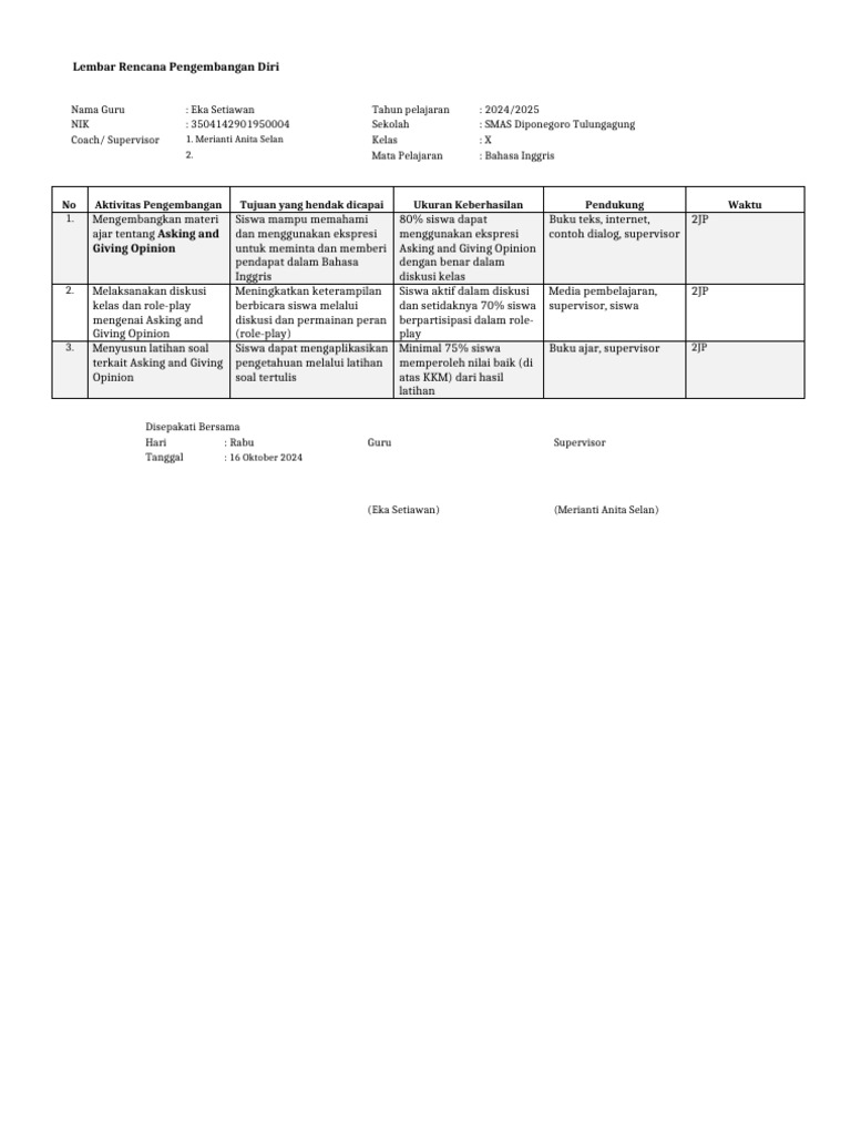 Lampiran 7 - Lembar Rencana Pengembangan Diri - Eka Setiawan | PDF