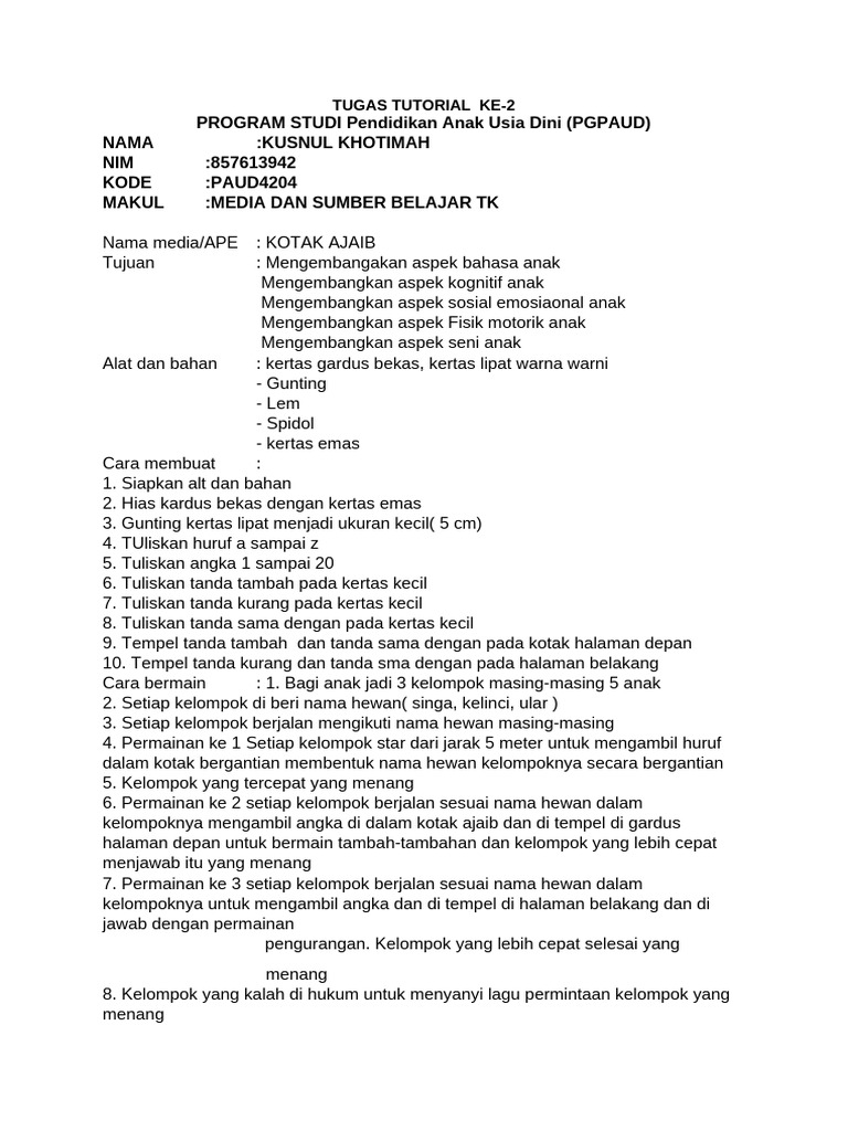 Tugas 2 Kusnul Khotimah - Media Dan Sumber Belajar TK | PDF