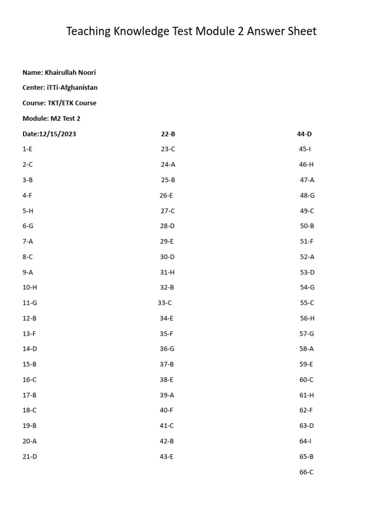 TKT Module 2 Answer Sheet Summary | PDF