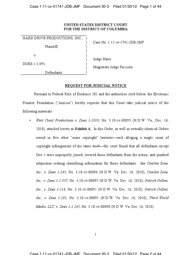 EFF Request For Judicial Notice in The Hard Drive Productions, Inc. v ...