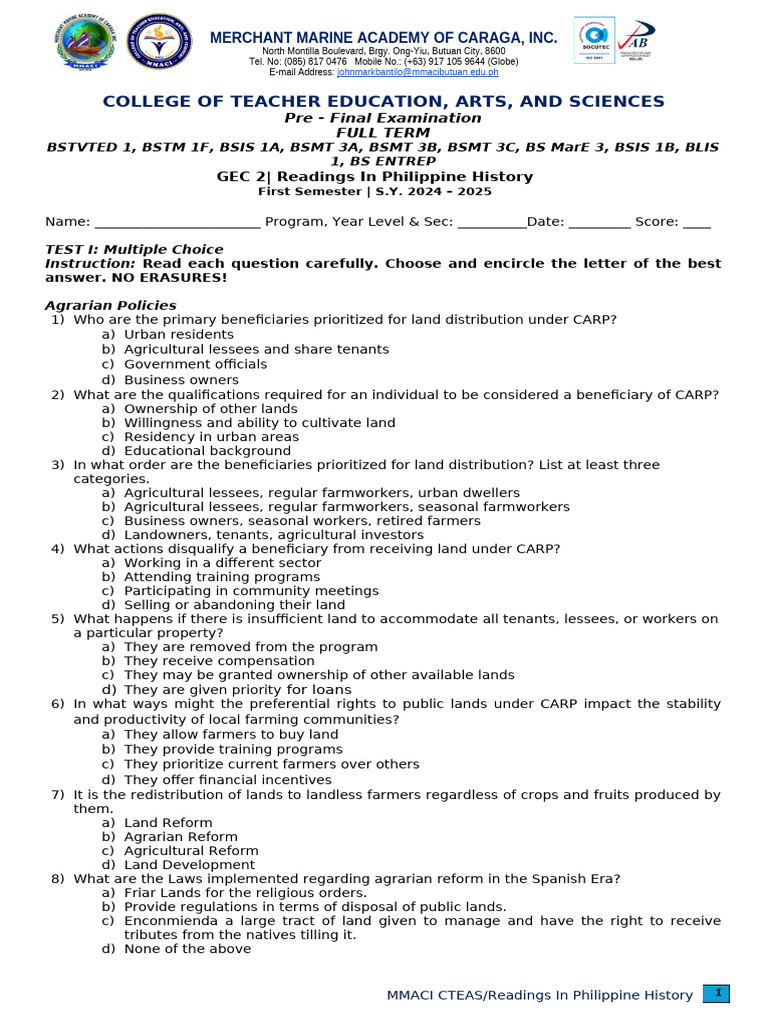 Philippine History Readings Exam Guide | PDF | President Of The ...