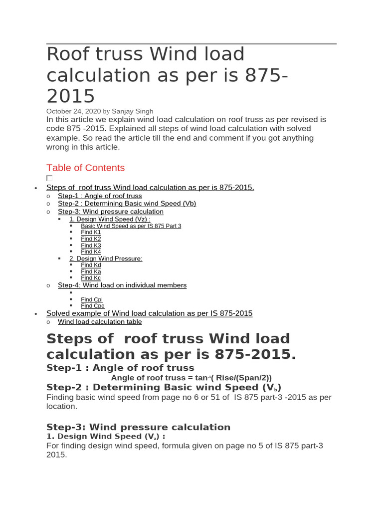 Roof Truss Wind Load Calculation As Per Is 875 | PDF | Truss | Wound