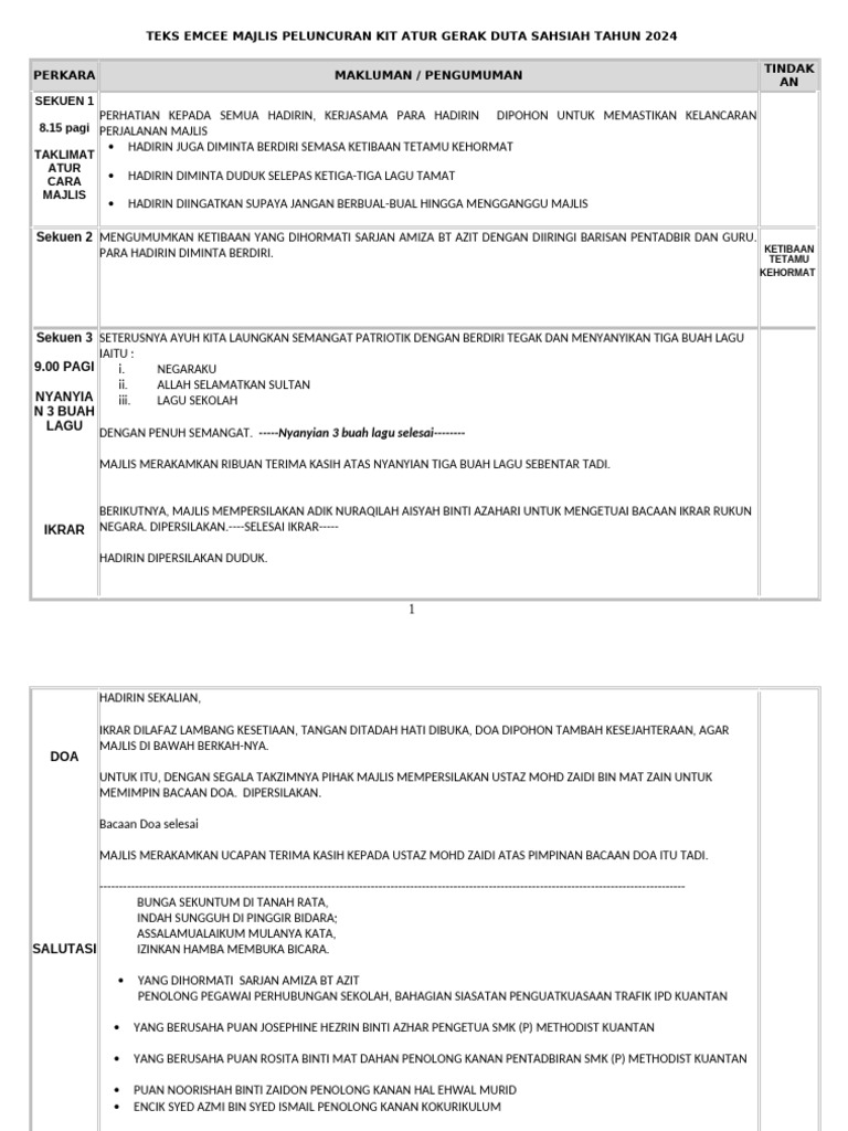 Teks Emcee Majlis Peluncuran Kit Gerak Duta Sahsiah 2024 | PDF
