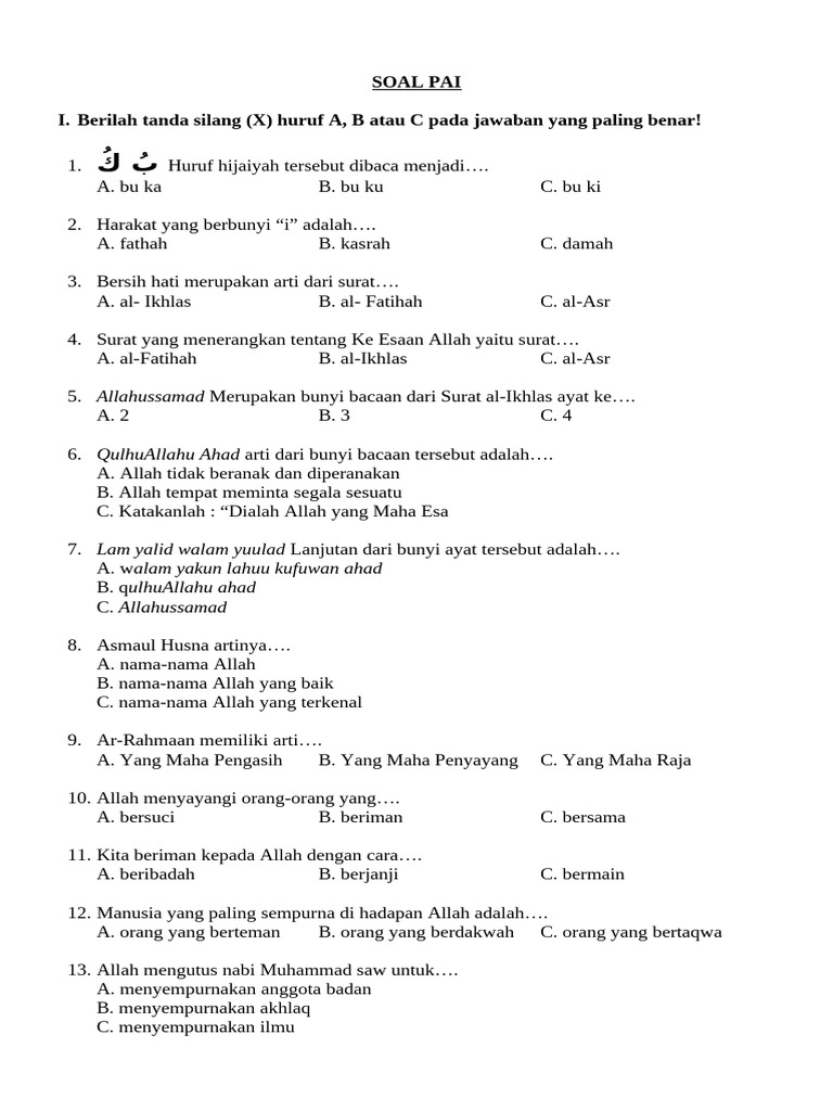 Soal Pts Pai Kelas 1 Kurmer | PDF