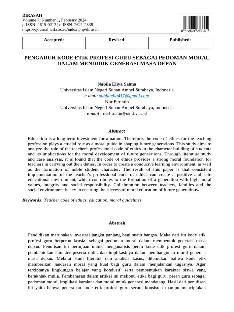 Pengaruh Kode Etik Profesi Guru Sebagai Pedoman Moral Dalam Mendidik Generasi Masa Depan (Fix) | PDF