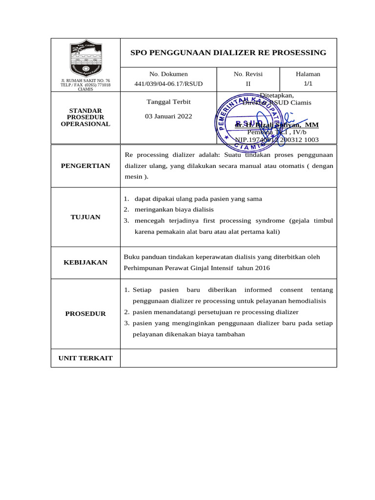 39 Spo Penggunaan Dializer Re Prosessing | PDF