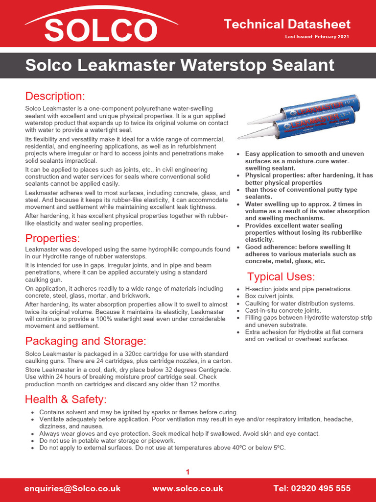 Solco Leakmaster Waterstop Sealant TDS | PDF | Concrete | Materials
