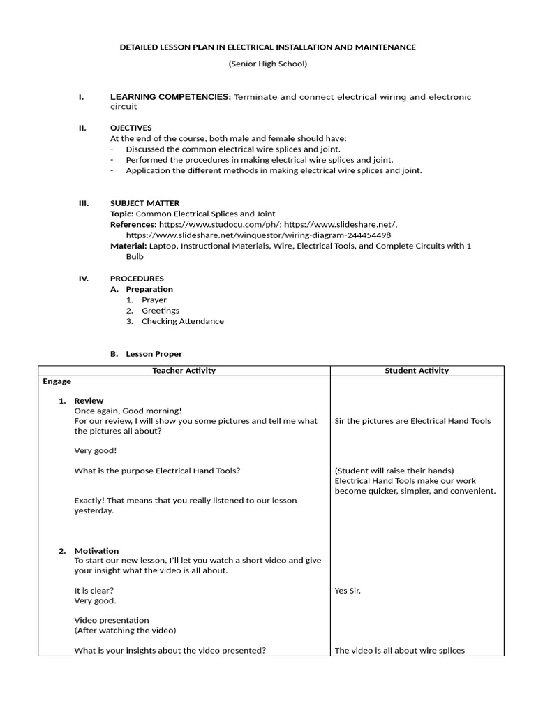 Lesson Plan Common Electrical Splices and Joint | PDF | Electrical ...