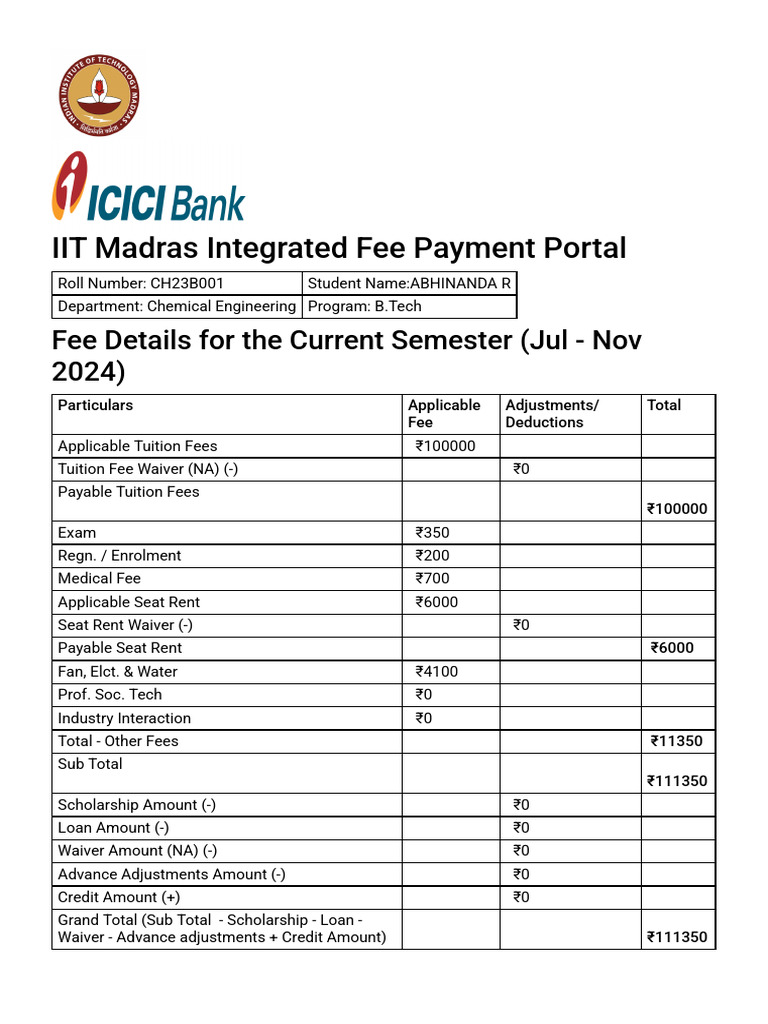 IIT Madras Integrated Fee Payment Portal: Fee Details For The Current ...