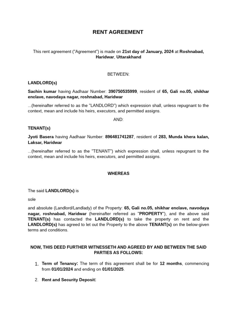 rent agreement format | PDF | Leasehold Estate | Lease