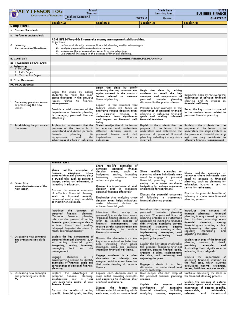 Personal Financial Planning Lesson Plan | PDF | Planning | Goal