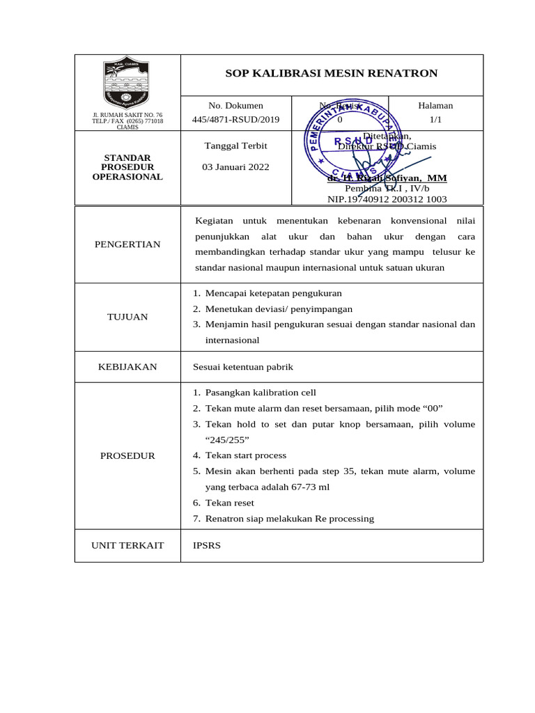 SOP Kalibrasi Mesin Renatron RSUD Ciamis | PDF
