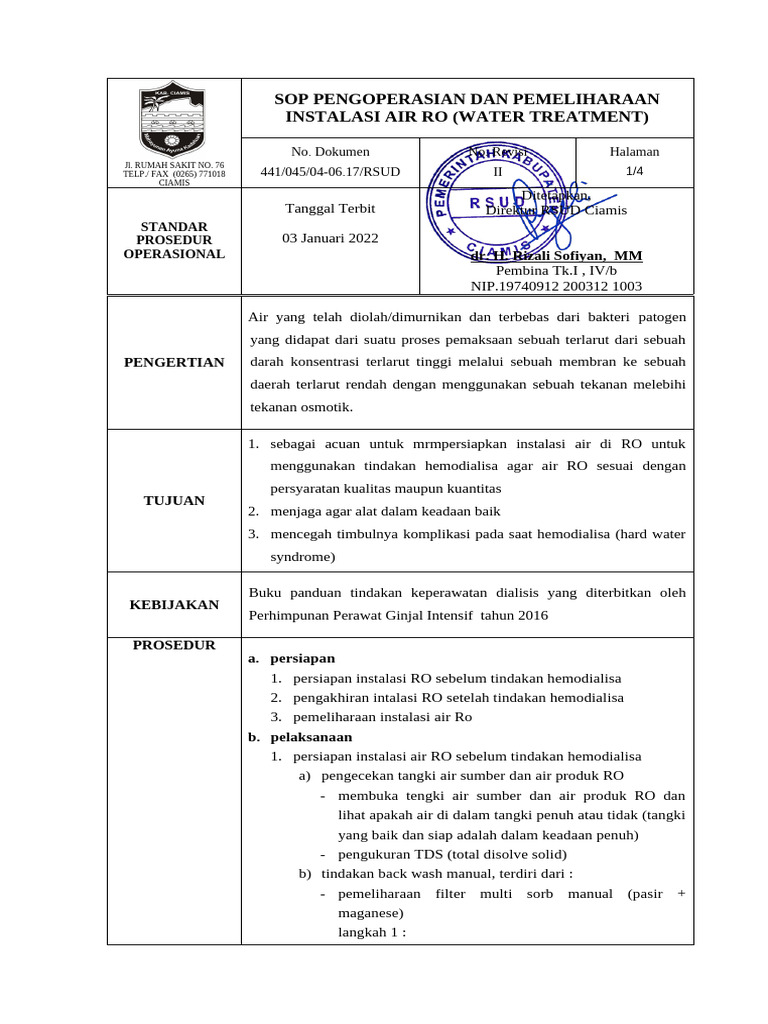 SOP Instalasi Air RO untuk Hemodialisa | PDF