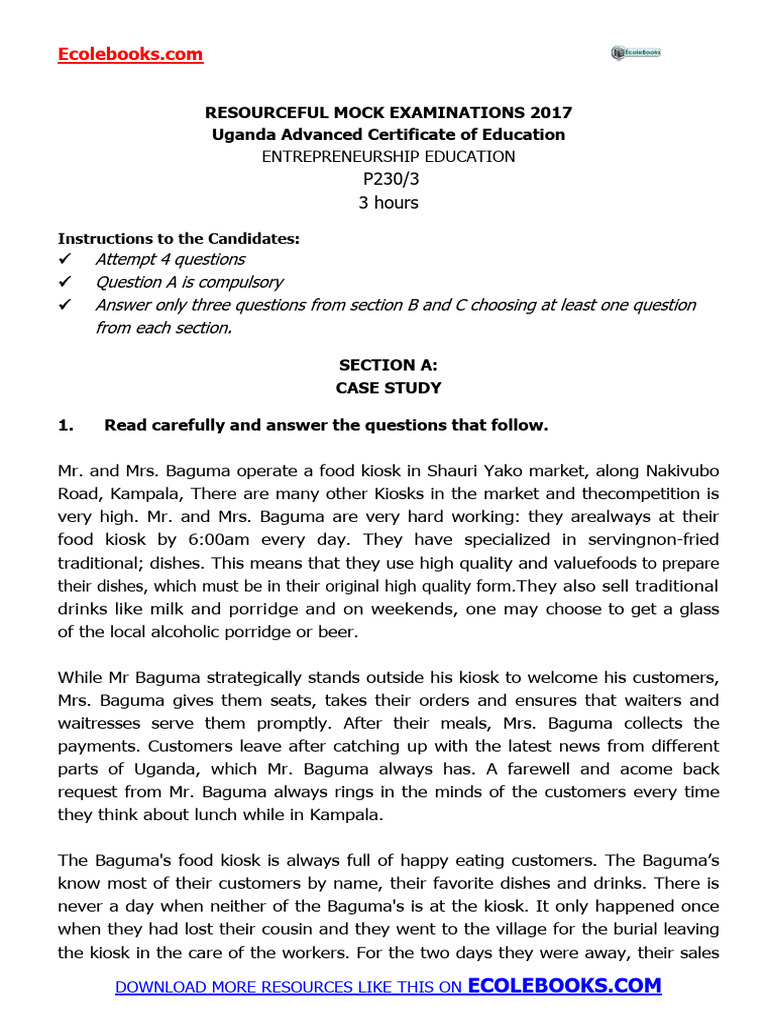 s6 Enterprenuership p3 Revision Past Papers | PDF | Waiting Staff | Swot Analysis