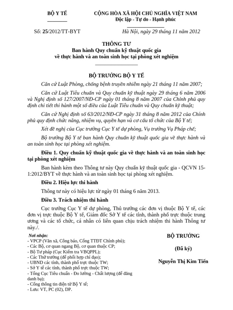 TT 25 QCVN 15- 1-2012BYT về thực hành và an toàn sinh học tại phòng xét ...