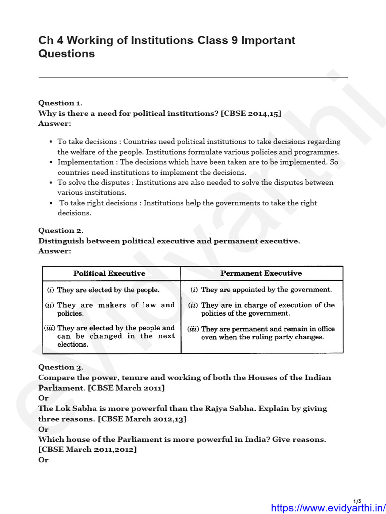 Important Question Cbse Class 9 Civics Chapter 4 Working of ...