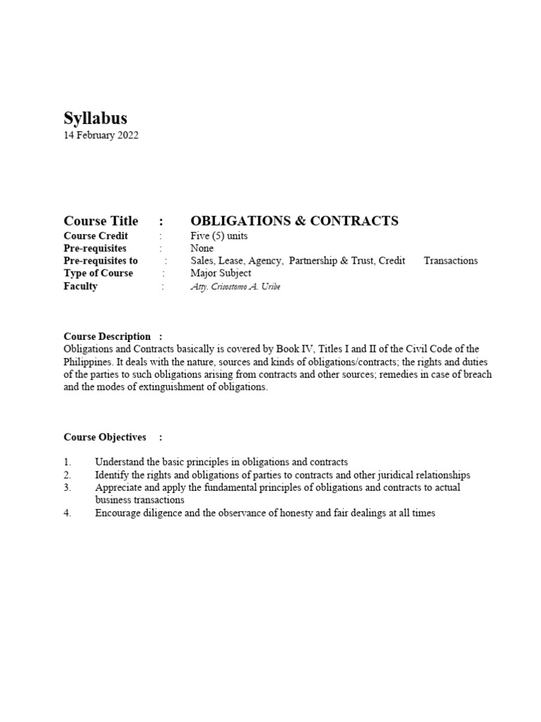 Obligations and Contracts Course Syllabus | PDF | Business Law | Common Law