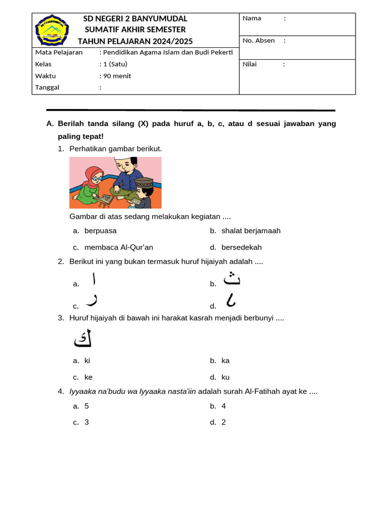 Soal Asas Ganjil PAI Kelas 1 | PDF