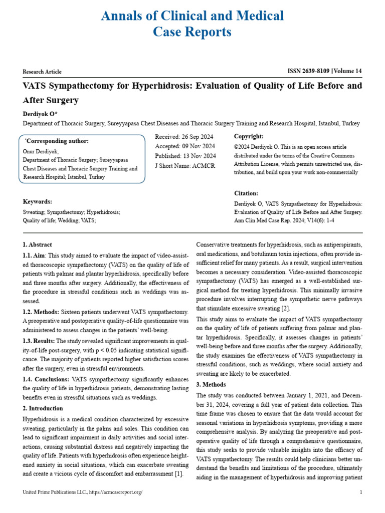 VATS Sympathectomy For Hyperhidrosis: Evaluation of Quality of Life ...