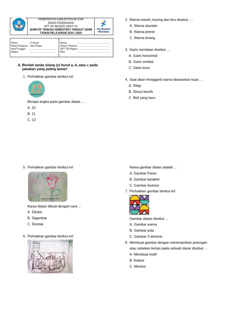 Soal STS 1 Seni Rupa Kelas 2 | PDF