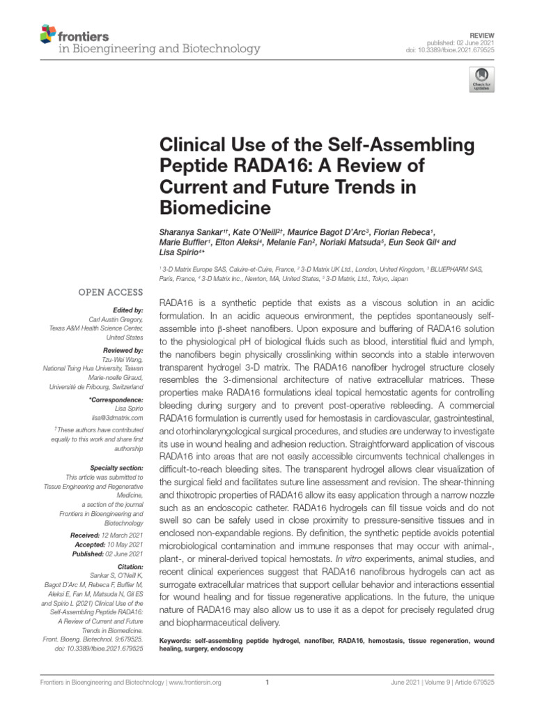 Clinical Use Of The Self Assembling Peptide Rada16 A Review Of Current And Future Trends In